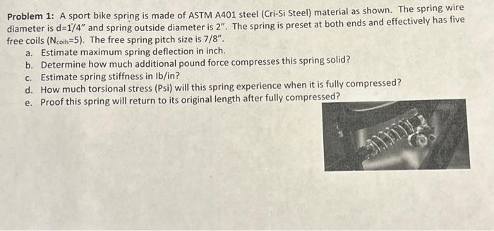 Solved Problem 1: A sport bike spring is made of ASTM A401 | Chegg.com