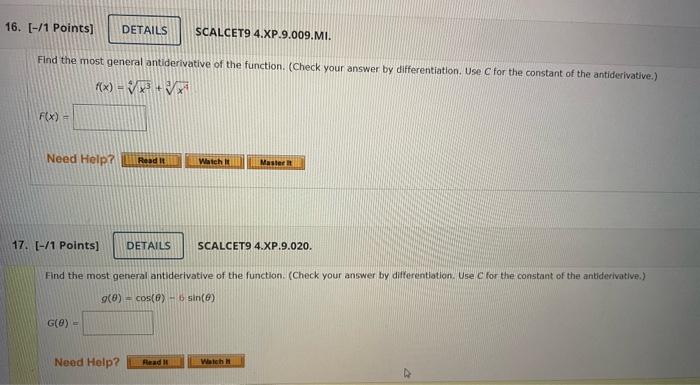 Solved SCALCET9 4.XP.9.009.MI. Find the most general | Chegg.com