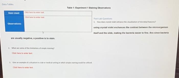 Data Tables Table 1: Experiment 1 Staining | Chegg.com