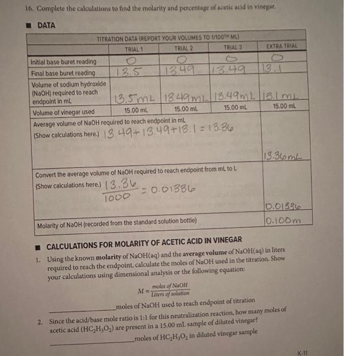 Solved 16. Complete the calculations to find the molarity | Chegg.com