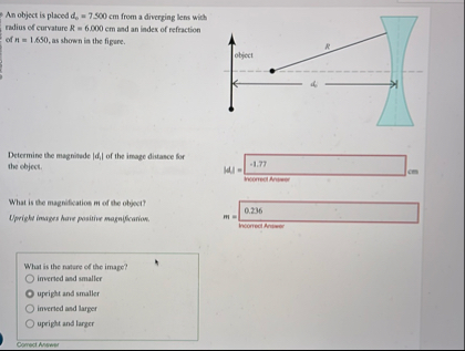 Solved An object is placed d0=7.500cm ﻿from a diverging lens | Chegg.com