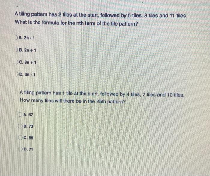 Solved A tiling pattern has 2 tiles at the start, followed | Chegg.com