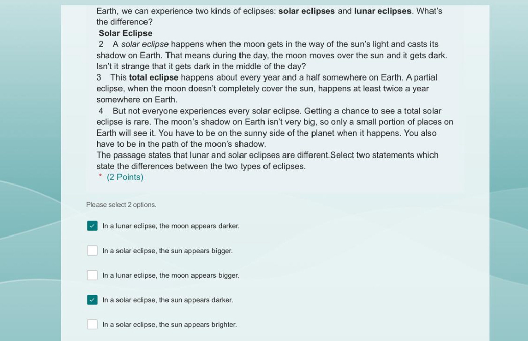 Solved Please select 2 ﻿options.In a lunar eclipse, the moon | Chegg.com