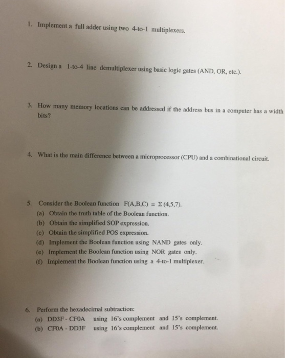 Solved 1. Implement a full adder using two 4-to-1 | Chegg.com