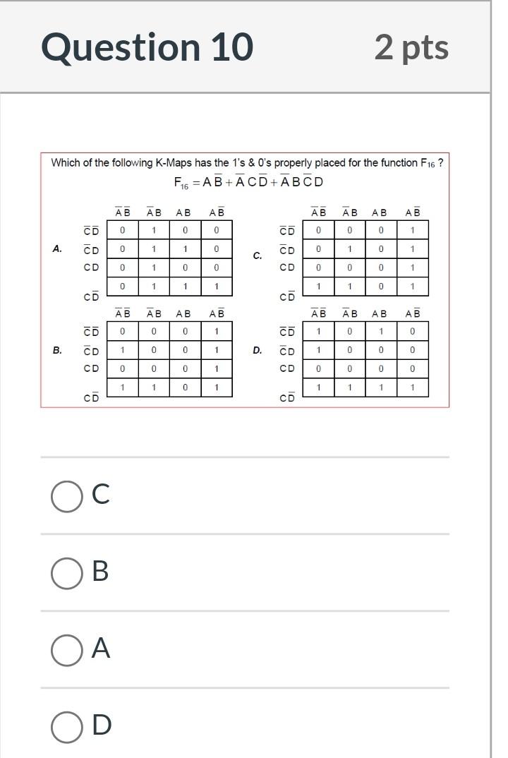 Solved Question 10 2 pts Which of the following K-Maps has | Chegg.com