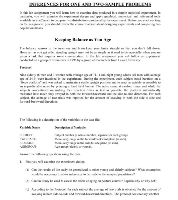 Solved INFERENCES FOR ONE AND TWO-SAMPLE PROBLEMS In this | Chegg.com