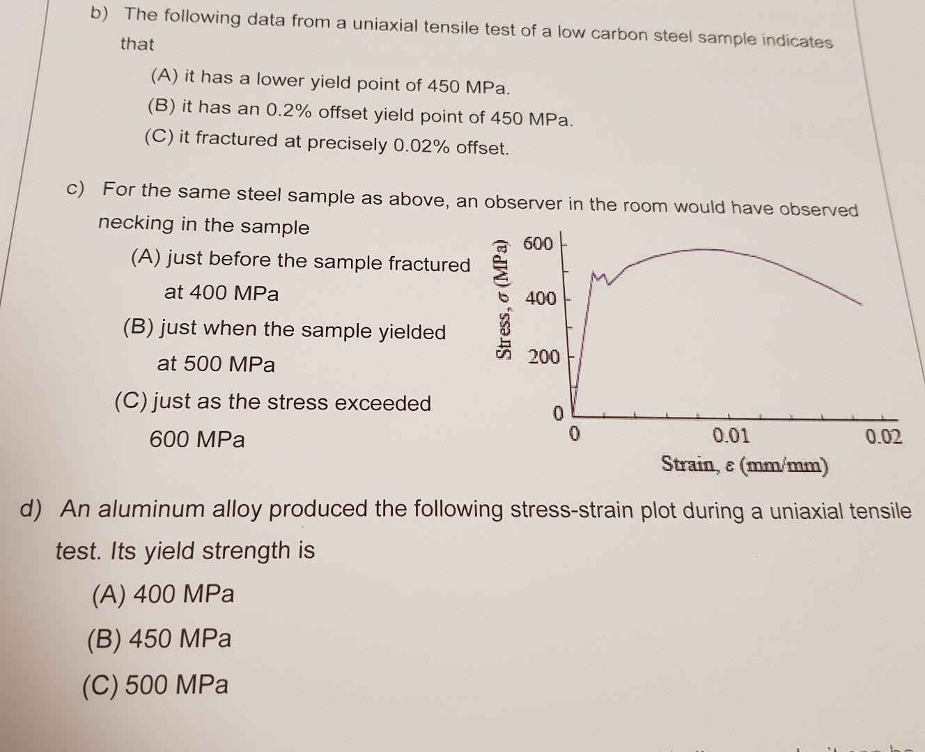 b) The following data from a uniaxial tensile test of | Chegg.com