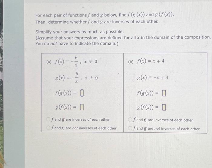 Solved For each pair of functions f and g below, find | Chegg.com
