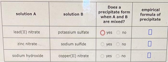 Solved solution A solution B Does a precipitate form when A | Chegg.com
