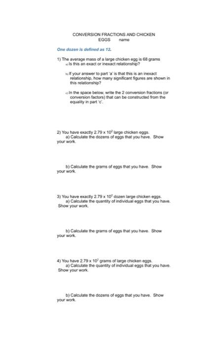Solved CONVERSION FRACTIONS AND CHICKEN EGGS name One dozen | Chegg.com