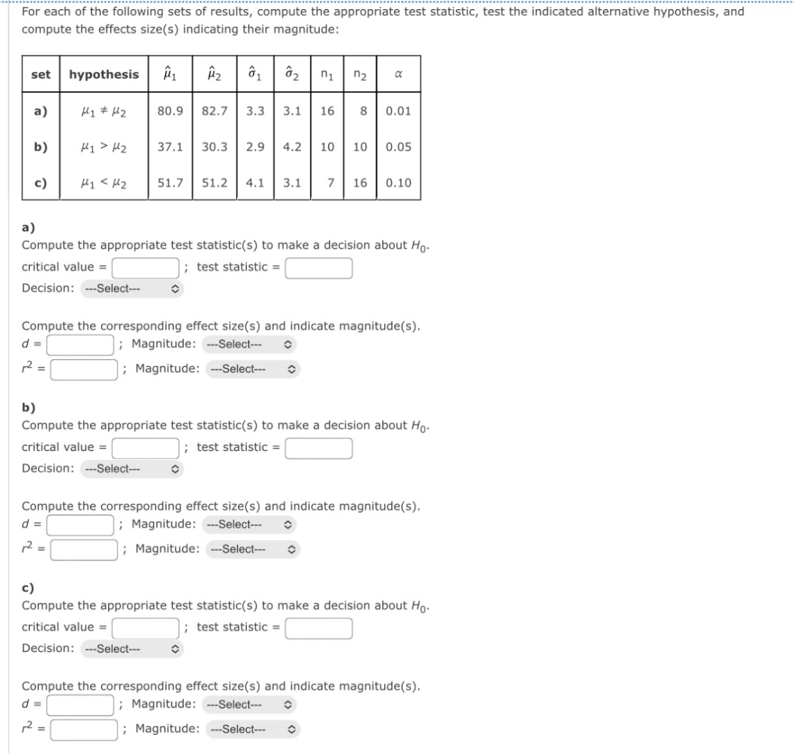 Solved For each of the following sets of results, compute | Chegg.com