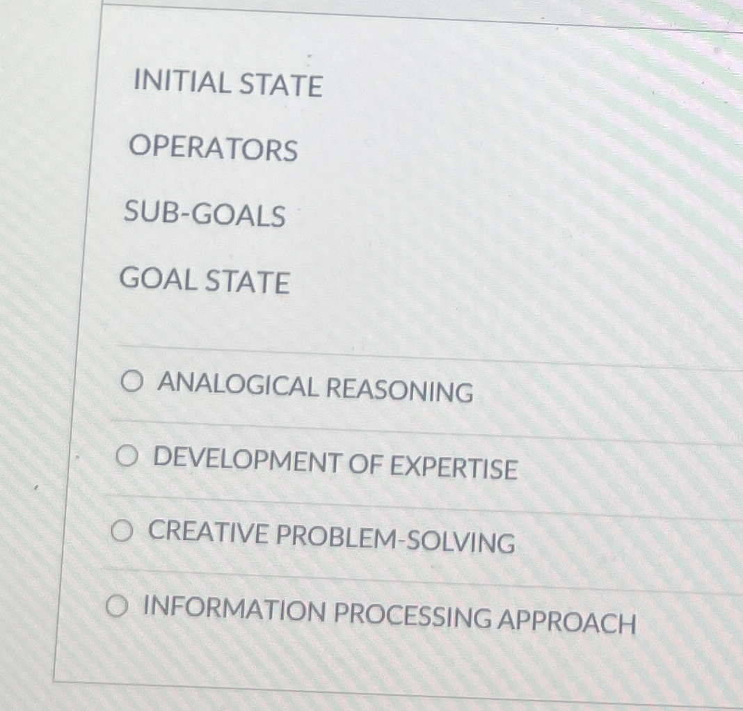 Solved INITIAL STATEOPERATORSSUB-GOALSGOAL STATEANALOGICAL | Chegg.com