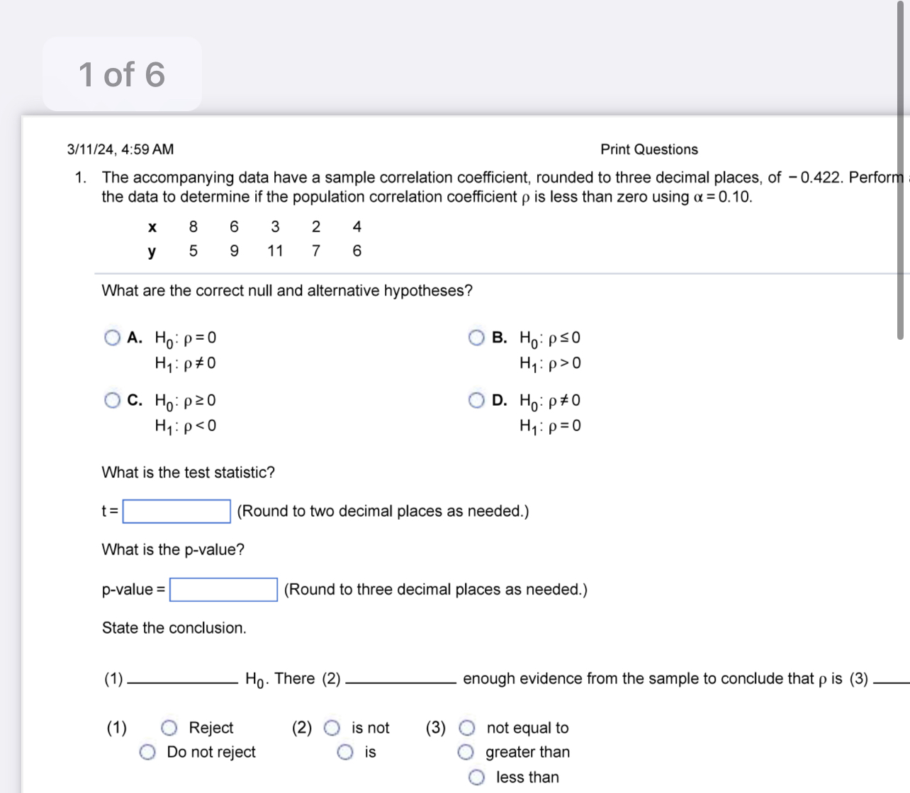 Solved 1 ﻿of 63/11/24, 4:59 ﻿AMPrint QuestionsThe | Chegg.com