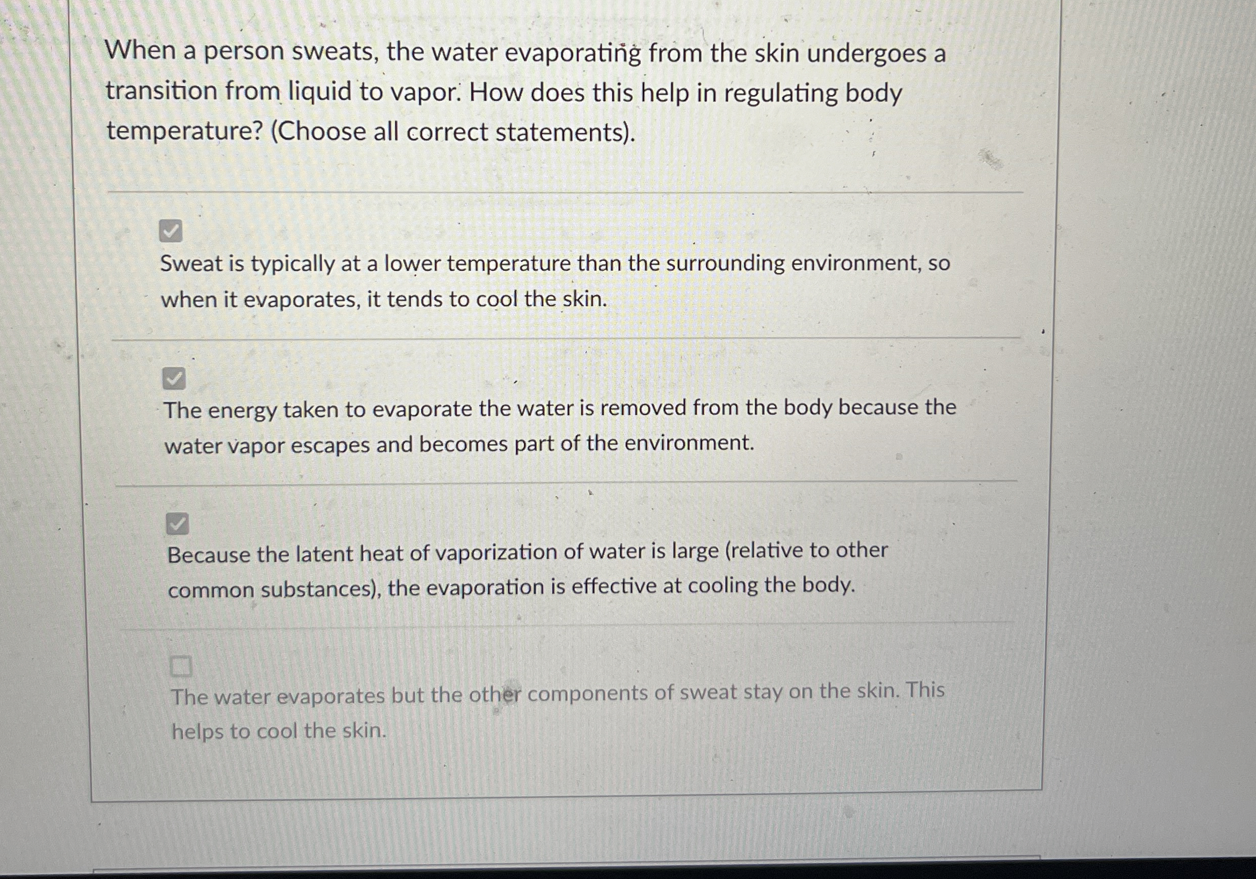 Solved When a person sweats, the water evaporating from the | Chegg.com