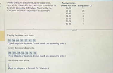Solved Identify the lower class limits, ﻿upper class limits, | Chegg.com