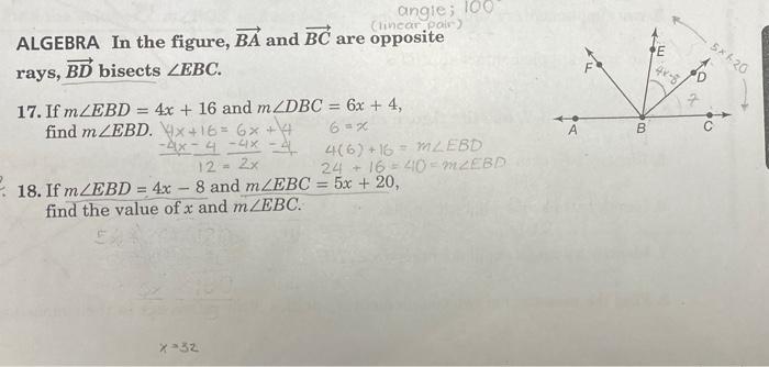 Solved If the measure of angle EBD = 4x-8 and measure of | Chegg.com