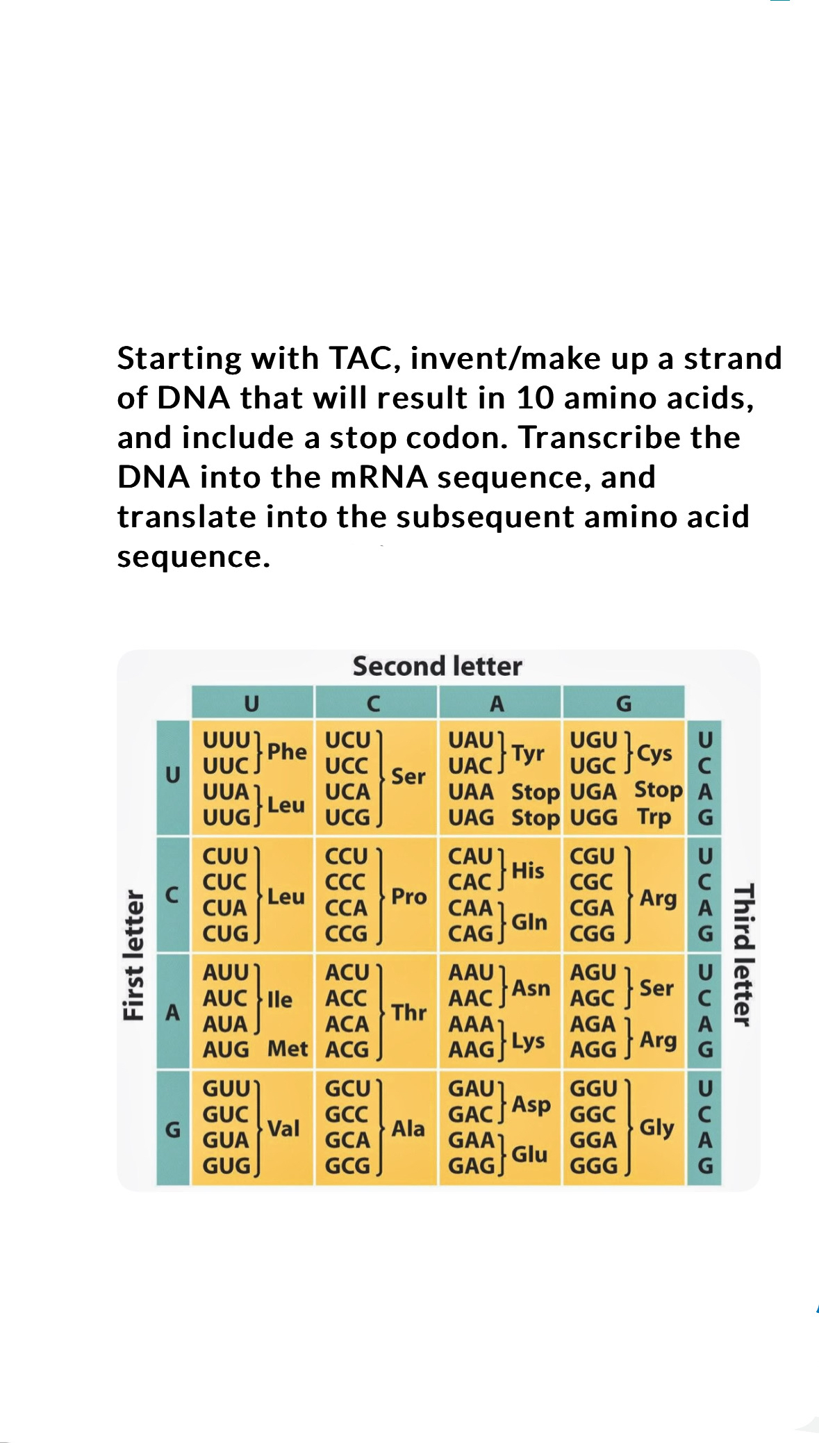 Solved Starting with TAC, invent/make up a strand of DNA | Chegg.com
