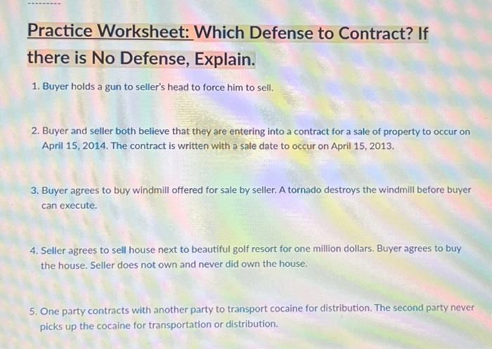 Practice Worksheet: Which Defense to Contract? If | Chegg.com