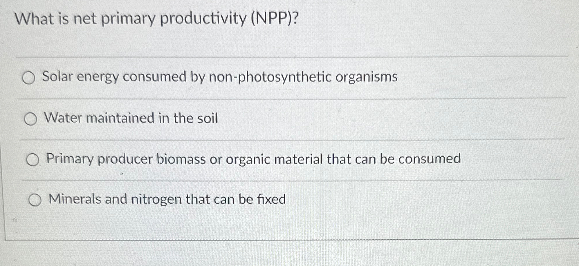 Solved What is net primary productivity (NPP)?Solar energy | Chegg.com