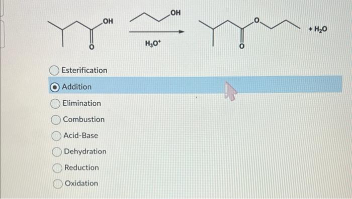 Solved +H2O Esterification Addition Elimination Combustion | Chegg.com