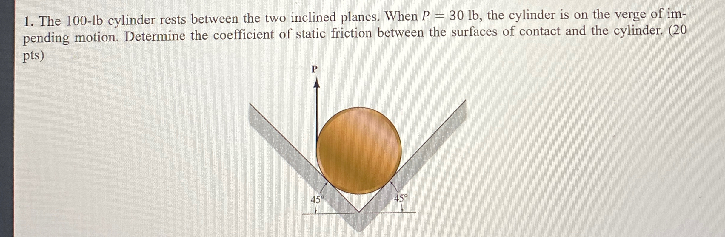 Solved The 100-lb ﻿cylinder rests between the two inclined | Chegg.com