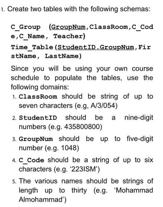 Solved 1. Create two tables with the following schemas: | Chegg.com