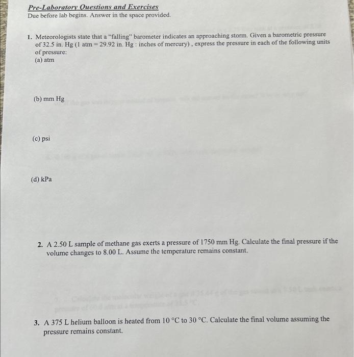 Solved Pre-Laboratory Questions and Exercises Due before lab | Chegg.com