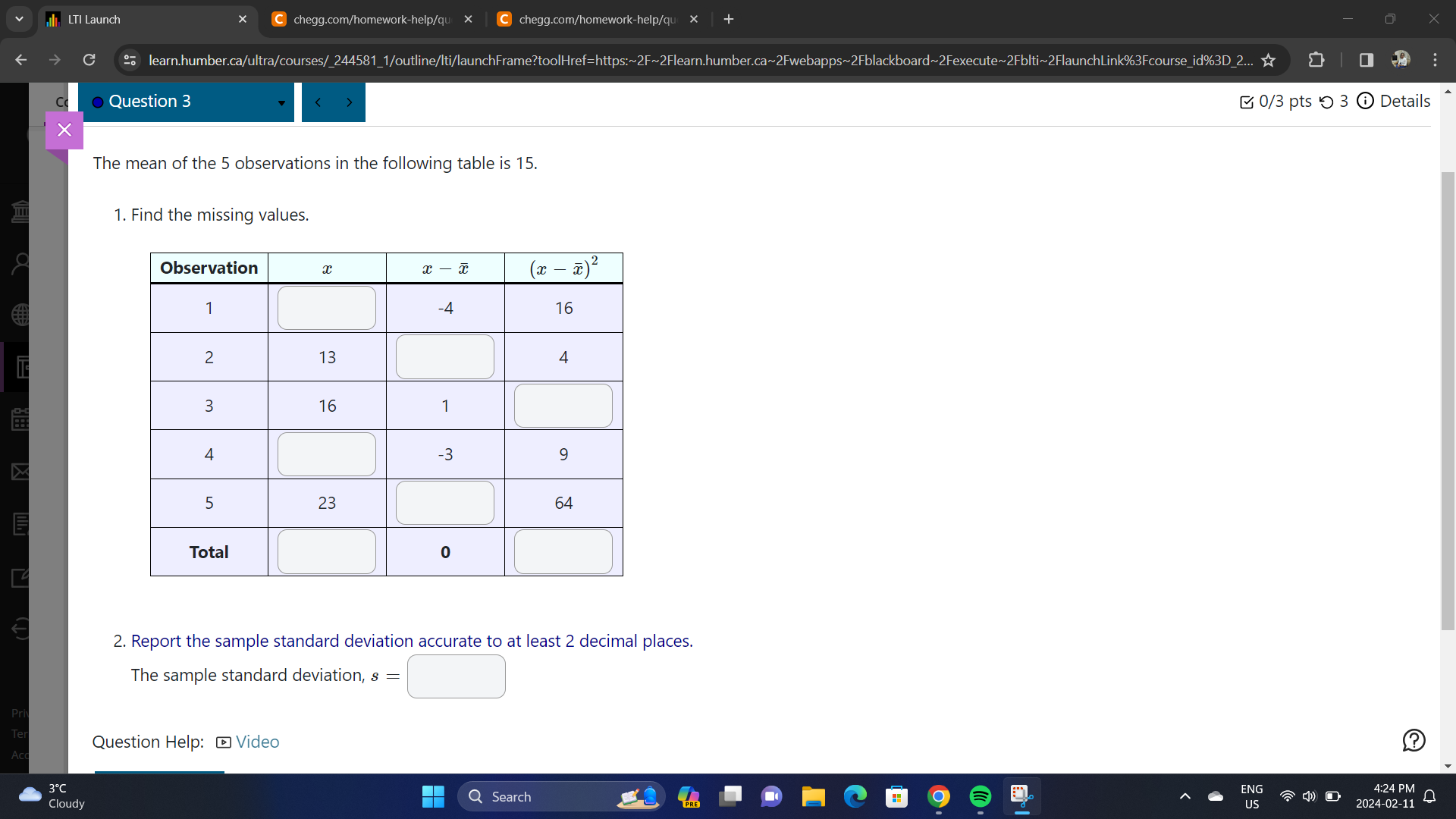 The mean of the 5 ﻿observations in the following | Chegg.com