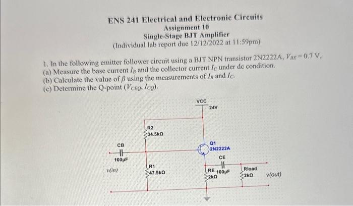 Solved Single-Stage BJT Amplifier (Individual lab report due | Chegg.com