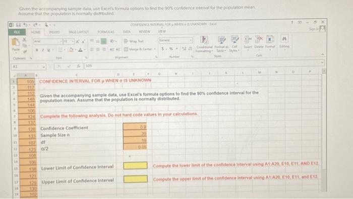 Solved Given the accompanying sample data, use Excel's | Chegg.com