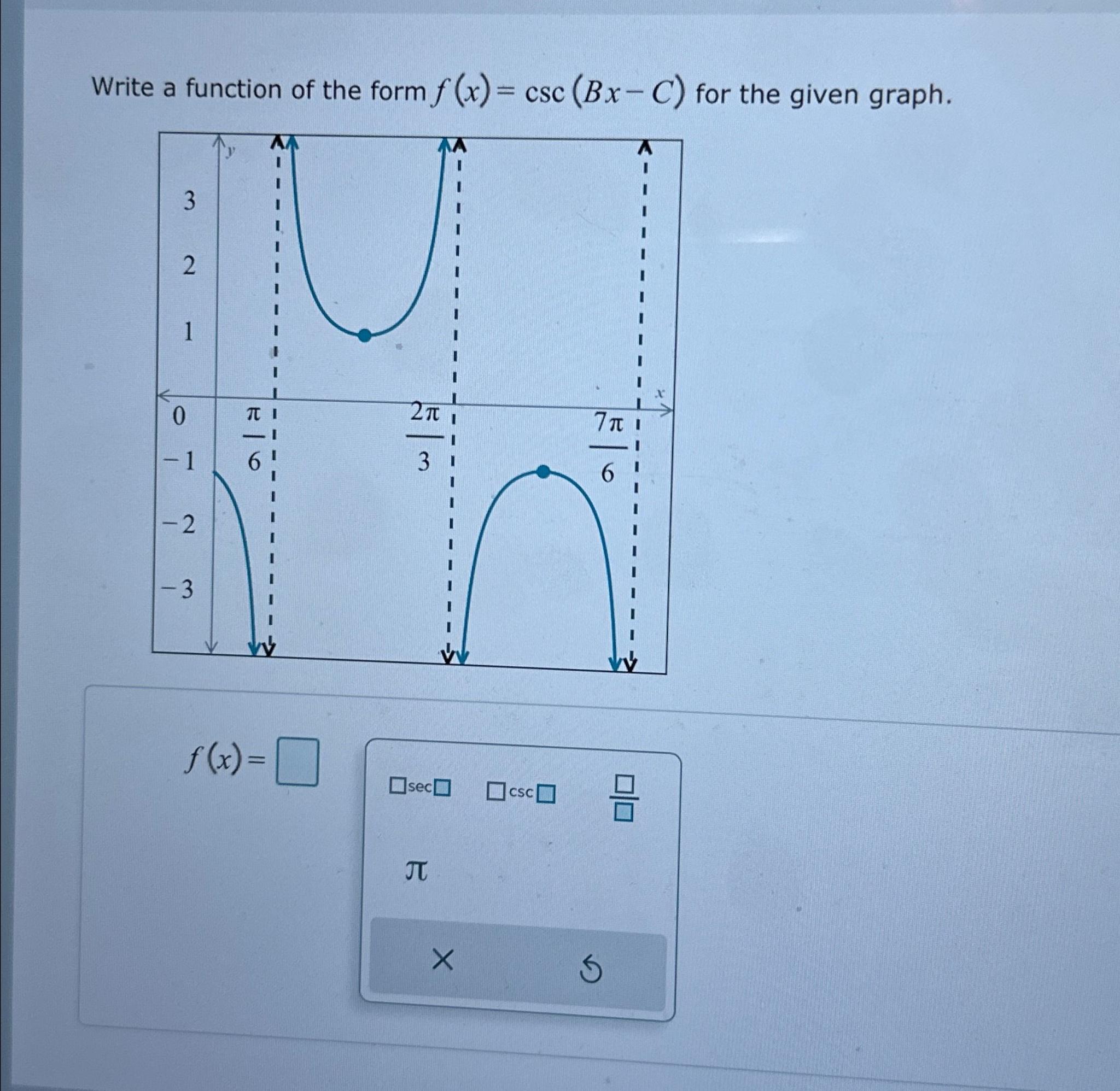 Solved Write a function of the form f(x)=csc(Bx-C) ﻿for the | Chegg.com
