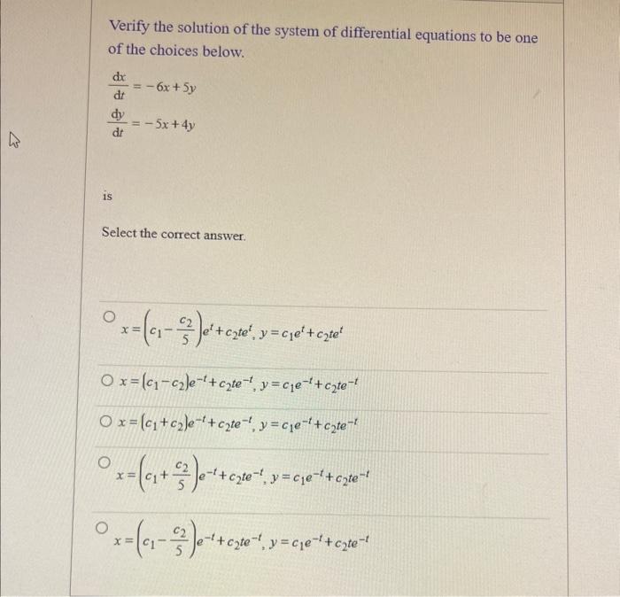 Solved Verify the solution of the system of differential | Chegg.com