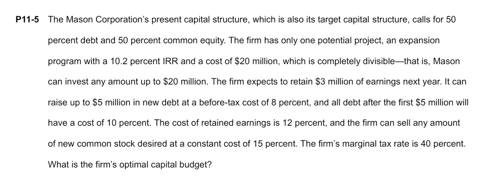 Solved P11-5 ﻿The Mason Corporation's present capital | Chegg.com