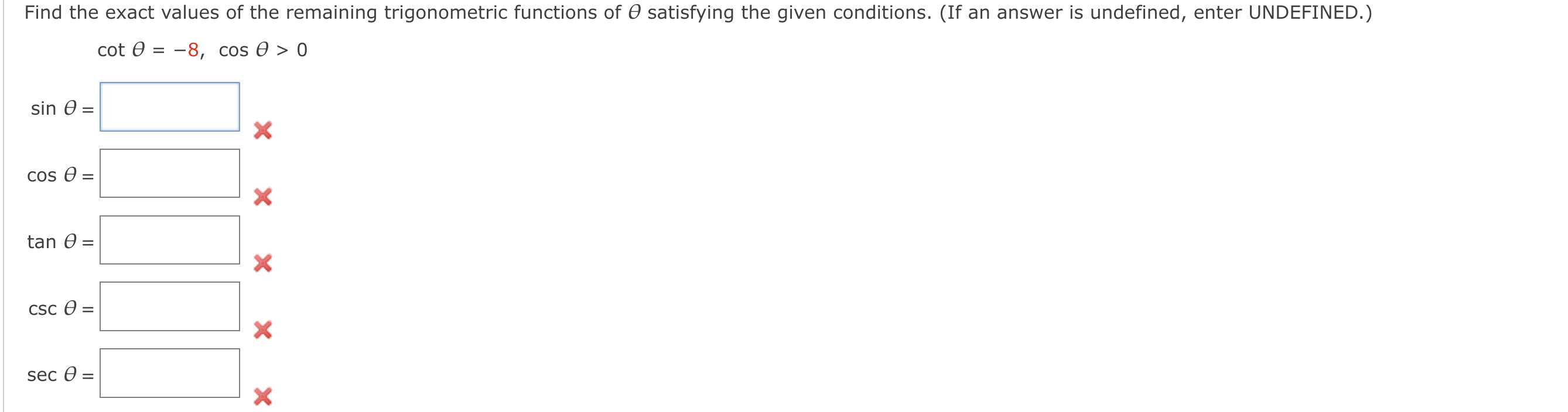 Solved Find the exact values of the remaining trigonometric | Chegg.com
