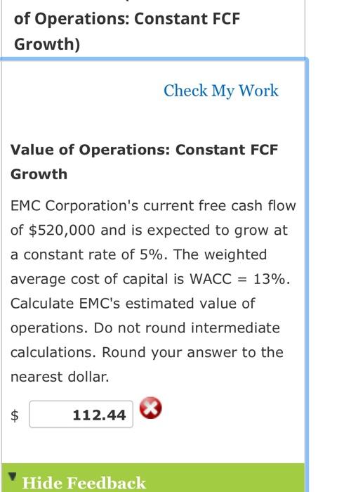 Solved Value of Operations: Constant FCF Growth EMC | Chegg.com