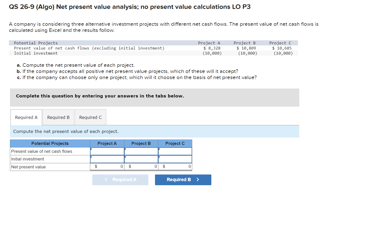 Solved QS 26-9 (Algo) ﻿Net present value analysis; no | Chegg.com