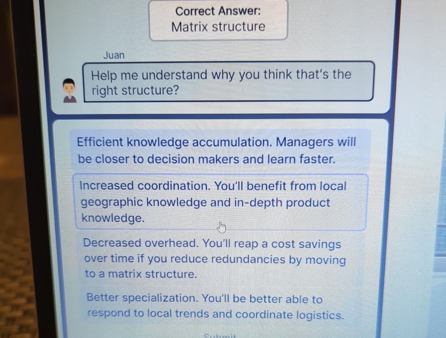 Solved Correct Answer:Matrix structureJuanHelp me understand | Chegg.com