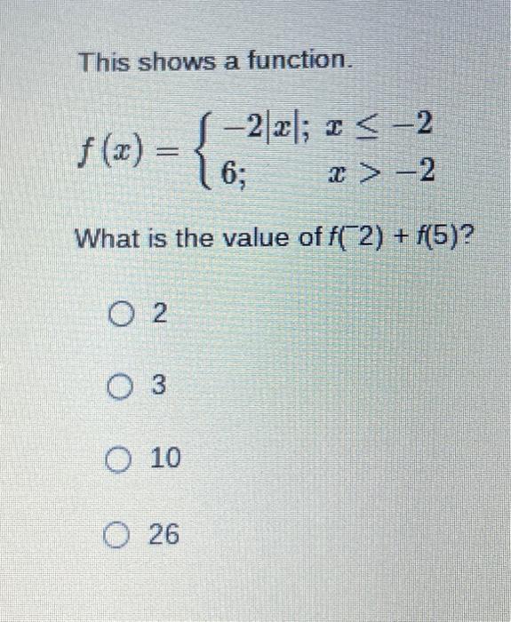 Solved This shows a function. f(x)={−2∣x∣;6;x≤−2x>−2 What is | Chegg.com