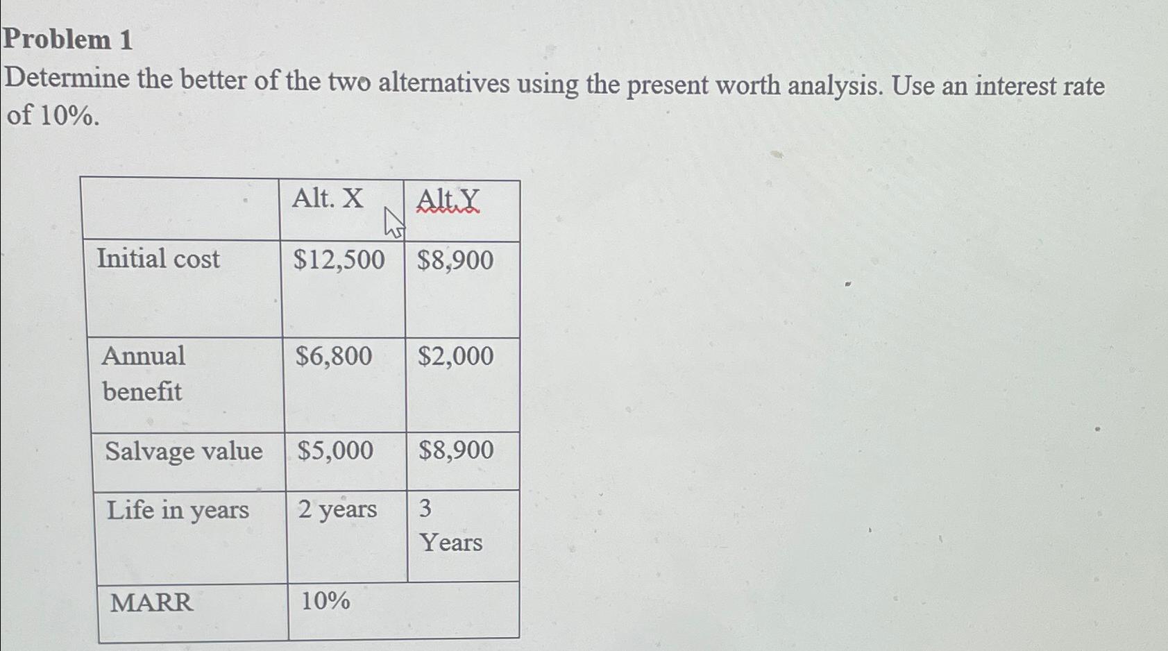 Solved Problem 1Determine the better of the two alternatives | Chegg.com