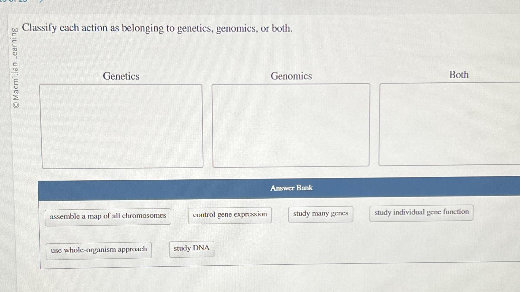 Solved ac Classify each action as belonging to genetics, | Chegg.com