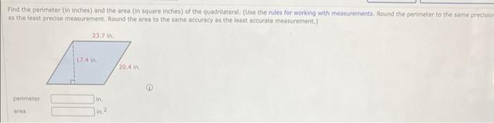 Solved Find the perimeter (in inches) and the area (in | Chegg.com