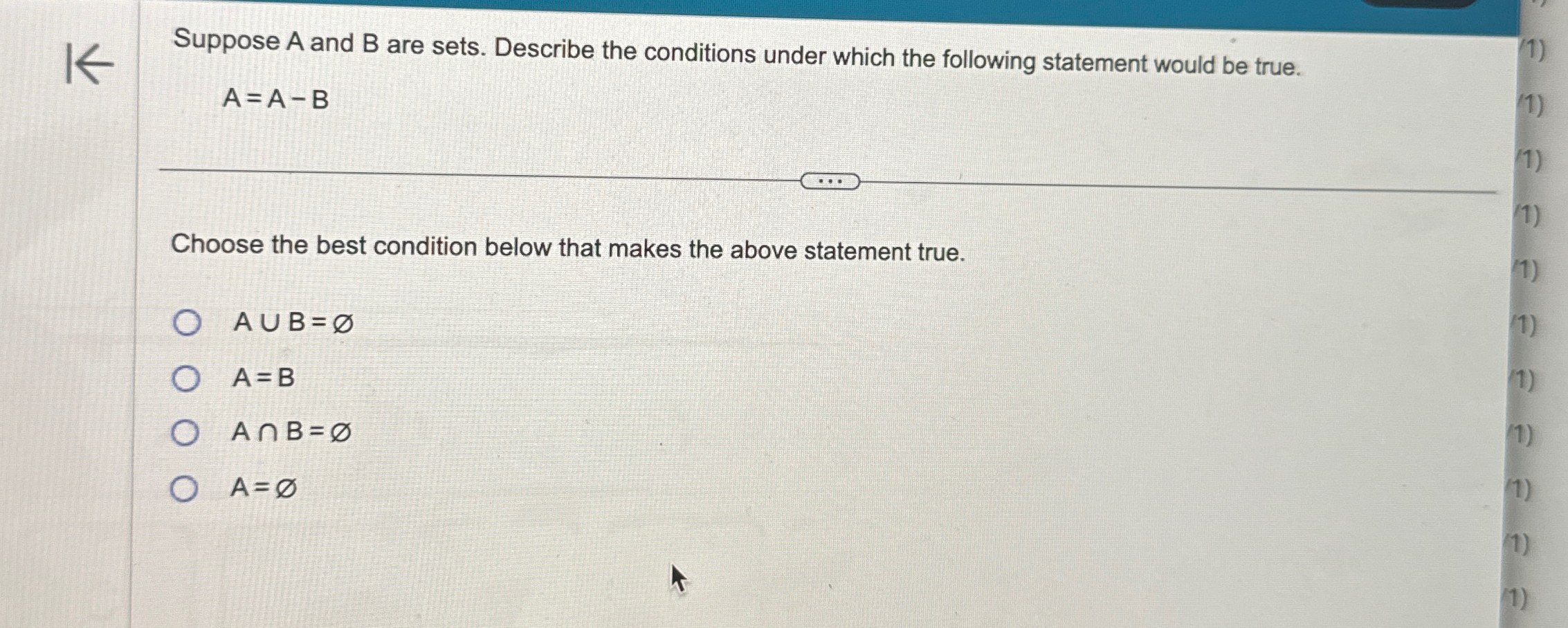 Solved Suppose A and B ﻿are sets. Describe the conditions | Chegg.com