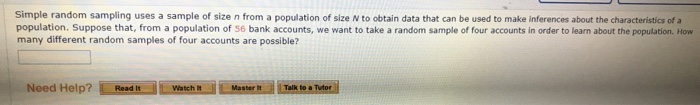 Solved Simple random sampling uses a sample of size n from a | Chegg.com
