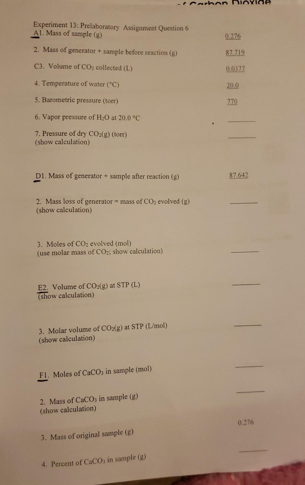Solved Carbon Experiment 13: Prelaboratory Assignment | Chegg.com