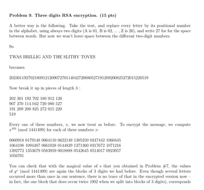 Problem 9. Three digits RSA encryption. (15 pts) A | Chegg.com