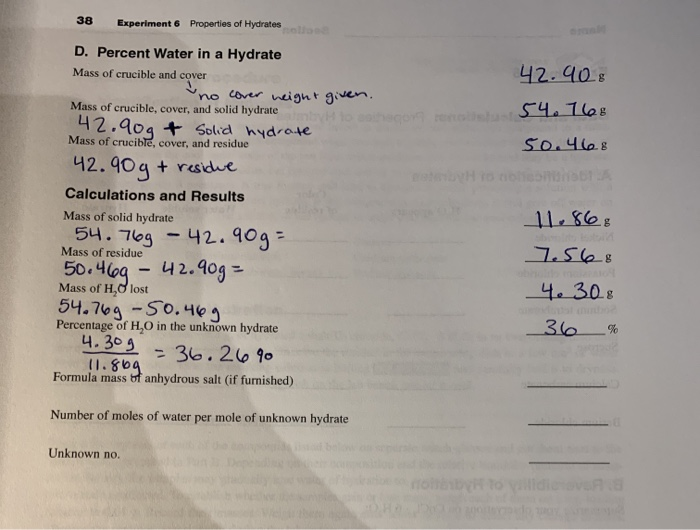 38 Experiment 6 Properties of Hydrates 42.908 54.1628 | Chegg.com