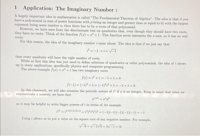 Solved 1 Application: The Imaginary Number i A hugely | Chegg.com