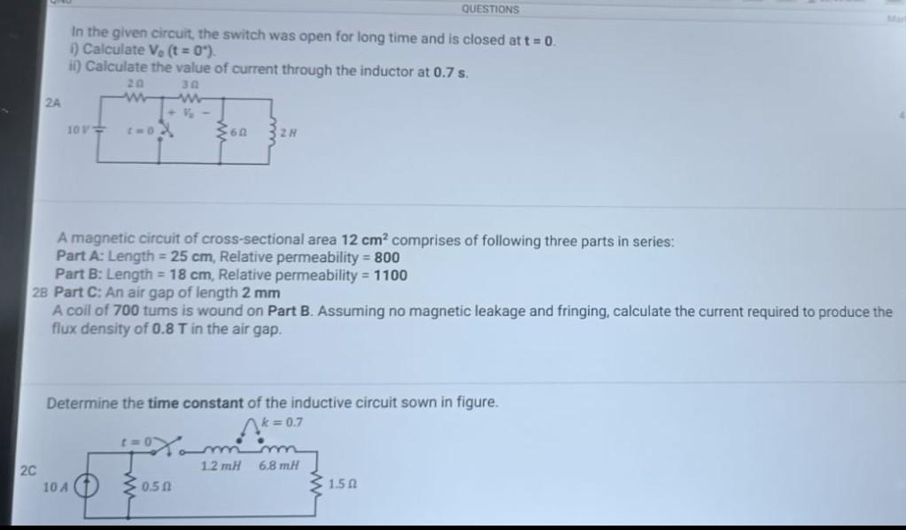 Solved 2A 2C QUESTIONS In the given circuit, the switch was | Chegg.com