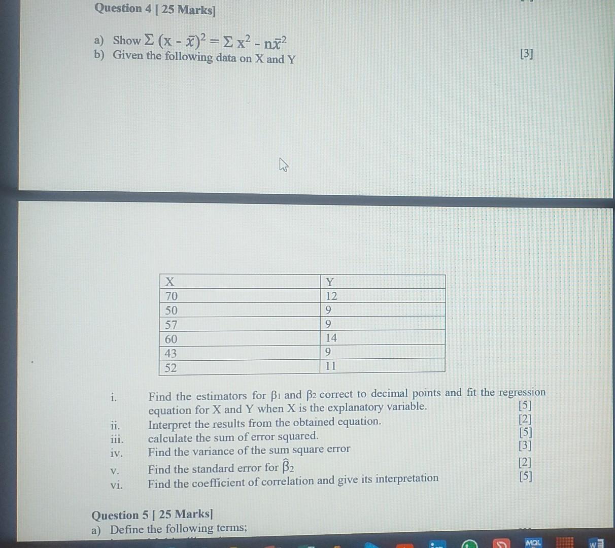 Solved a) Show ∑(x−xˉ)2=∑x2−nxˉ2 b) Given the following data | Chegg.com