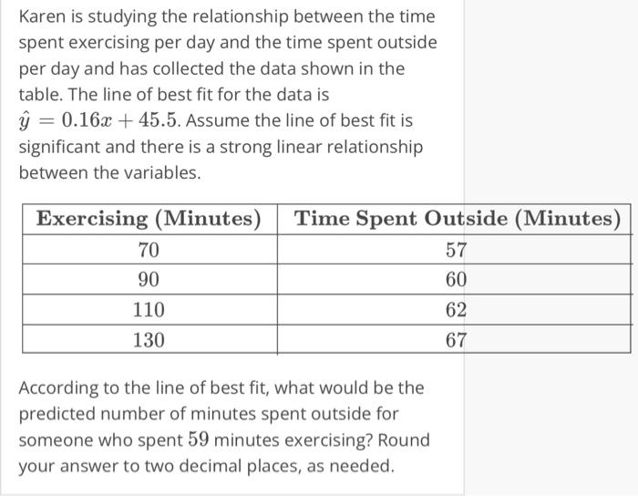 Solved Karen is studying the relationship between the time | Chegg.com